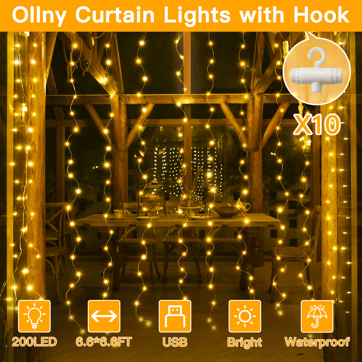 Ollny 200 LED Warm White Curtain Lights - 6.6x6.6ft Waterproof Fairy S
